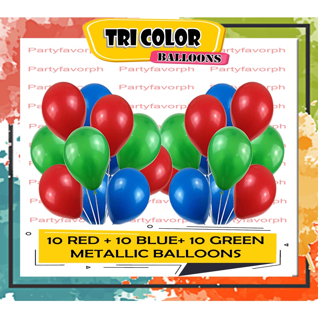 30pcs. TRICOLOR METALLIC BALLOON (10 GREEN , 10 BLUE & 10 RED) | Shopee ...