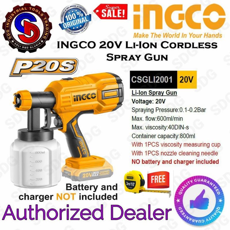 INGCO 20V Li-Ion Cordless Paint Spray Gun (CSGLI2001) with FREE 3m ...