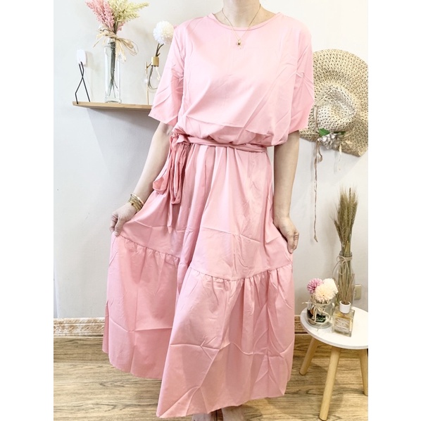 korean maxi dress with belt blush pink nice elegant | Shopee Philippines