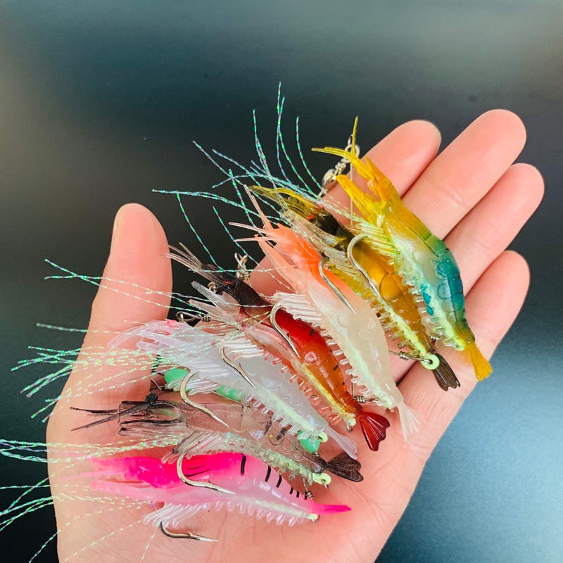 Soft Fishing Luminous Shrimp Lure with Hook Swivel Beads Artificial Silicone Glow Fishing Bait ...