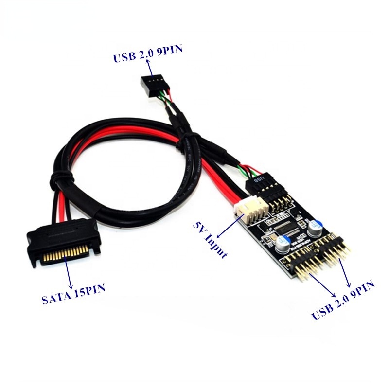 USB 9-Pin Header 1 to 2 x USB2.0 9Pin Male Hub Adapter with SATA Power ...