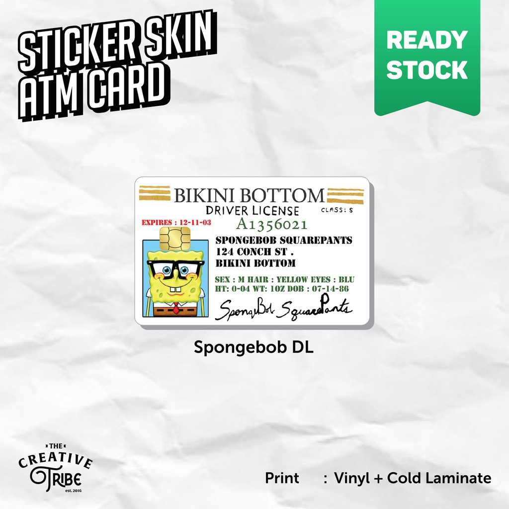 Spongebob Driver License Skin Card Sticker for ATM / Etoll / RFID ...