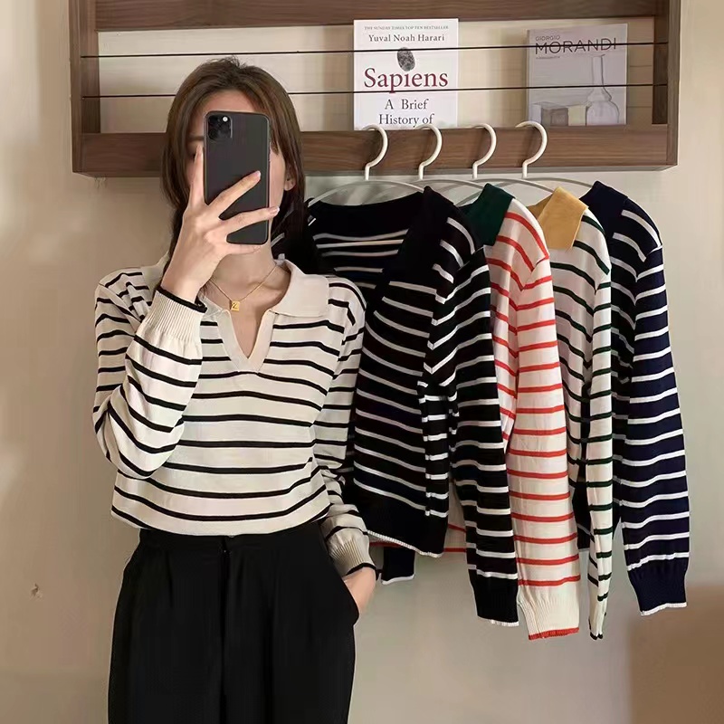 Korean Style Trendy Tops Long Sleeve Striped Collar V-Neck Knitted ...