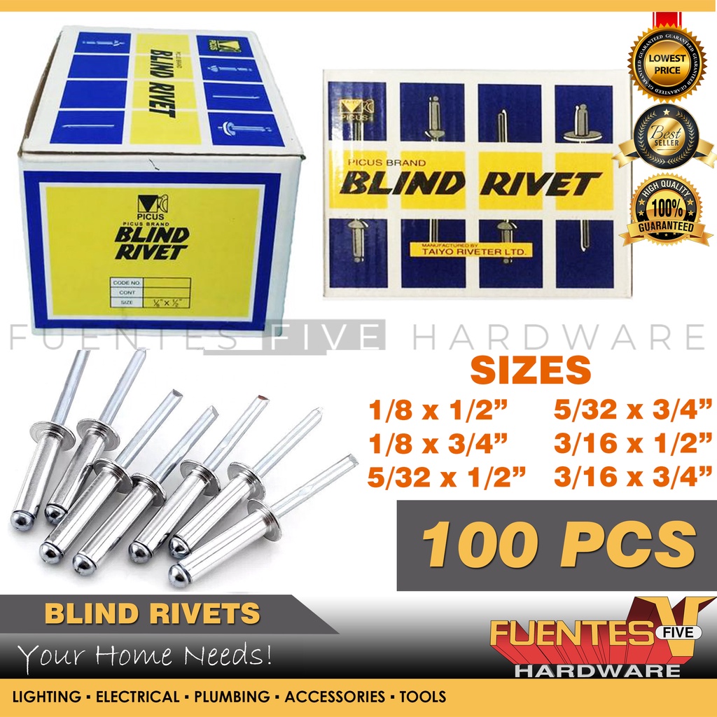 100PCS Blind Rivets 1/8x1/2, 1/8x3/4, 5/32x1/2, 5/32x3/4, 3/16x1/2 & 3 ...