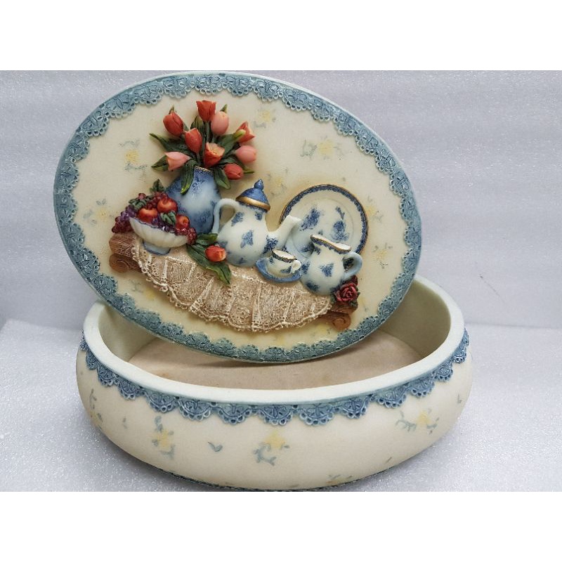 big oval trinket box with flower, fruits and tea set design | Shopee ...