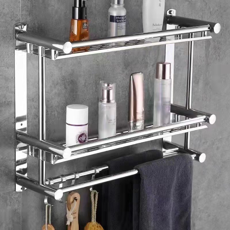 Double Layer Bathroom Organizer Rack Towel Shelf With Hooks COD ...
