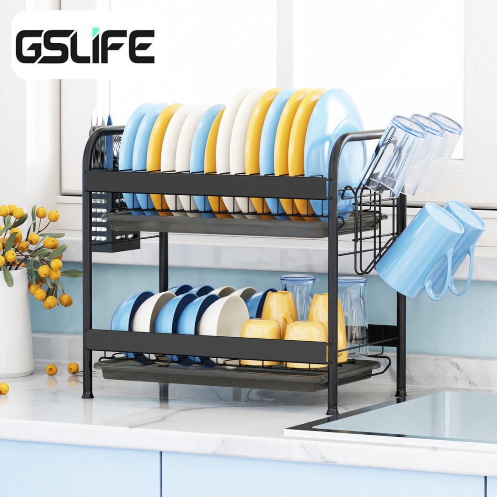 GSlife 2 Tiers Kitchen Dish Rack with Cup Rack Kitchen Shelf Dish Rack ...