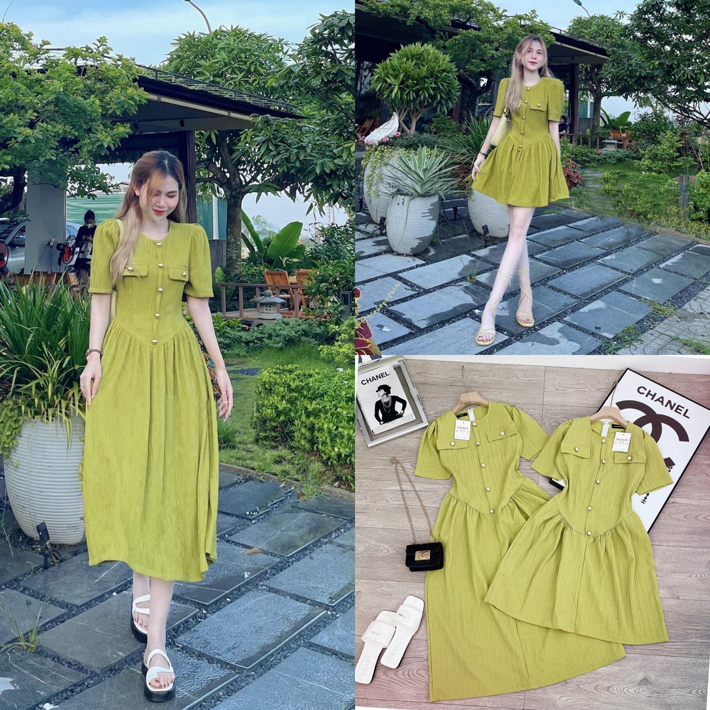 Lady green dress with wave and copper buttons - Luxurious avocado green ...