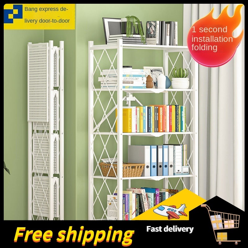 Simple bookcase bookshelf multi-layer floor shelf movable folding ...