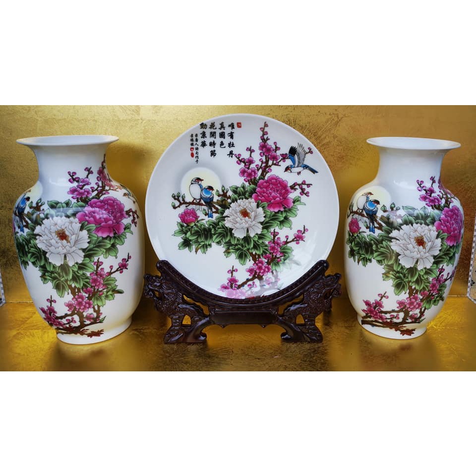 3 in 1 Plate Vase Porcelain Set 2 Vases 1 Plate Wood Stand Porcelain ...