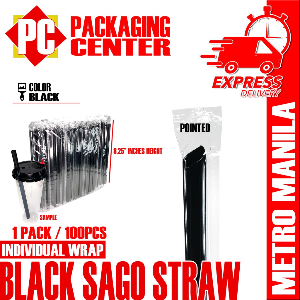 Black Sago Straw Individual Wrap Pointed Tip by 100pcs per pack (METRO ...