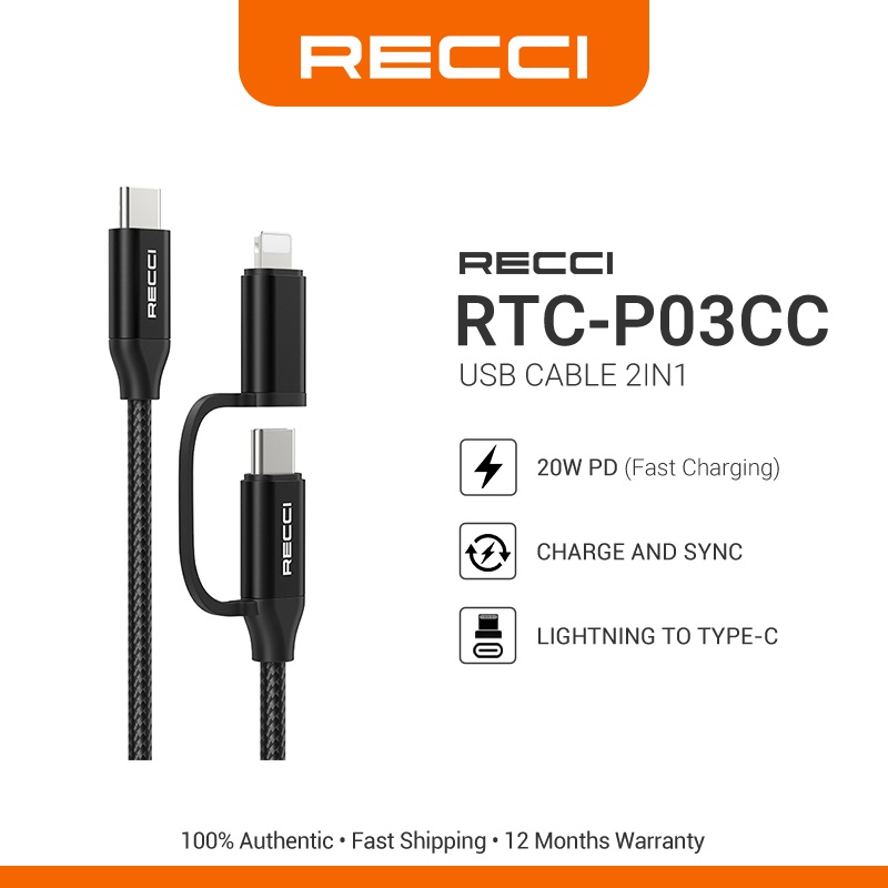 Recci RTC-P03CC USB Cable 2in1, 20W PD Fast Charging, 65W Power Charger ...