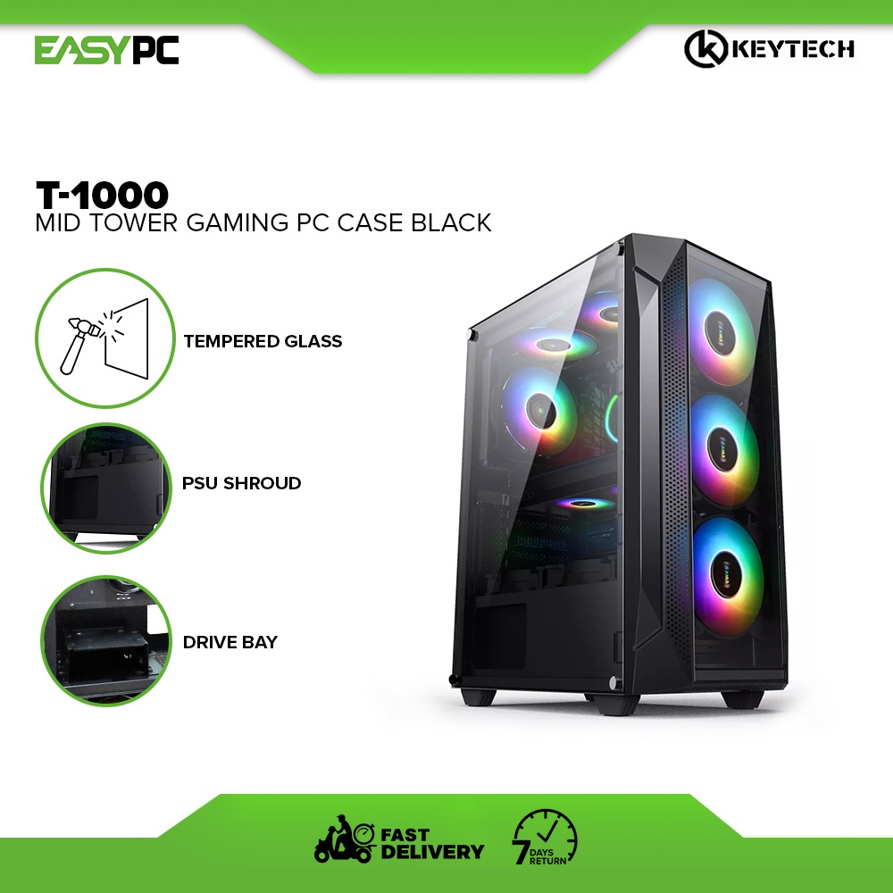 Keytech T1000 Mid Tower Gaming PC Case Black/White, T1000 Mid Tower ...