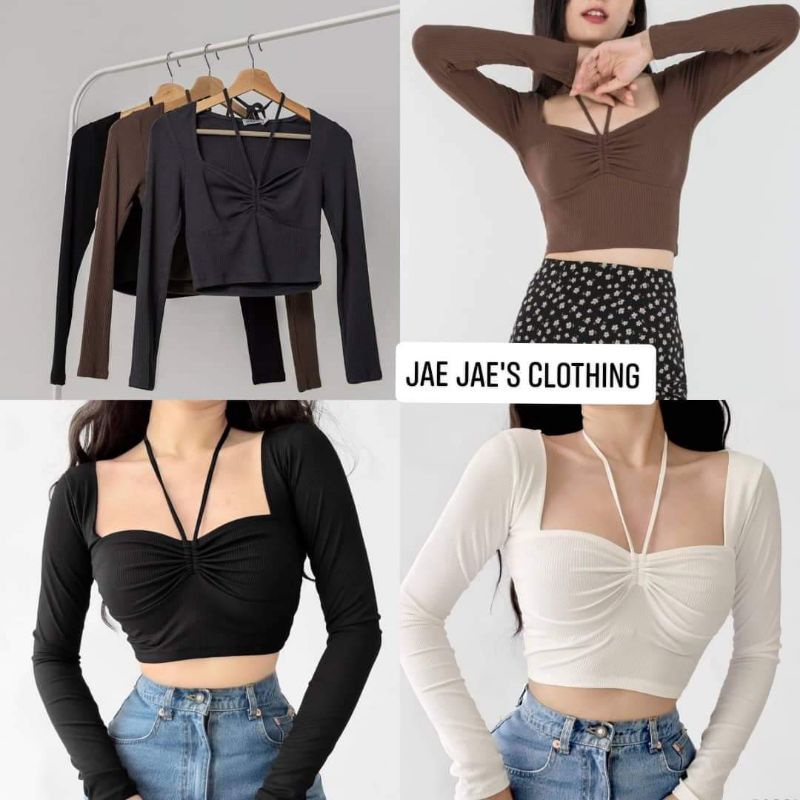 Ashley String Ruched Halter Tie Longsleeve | Shopee Philippines