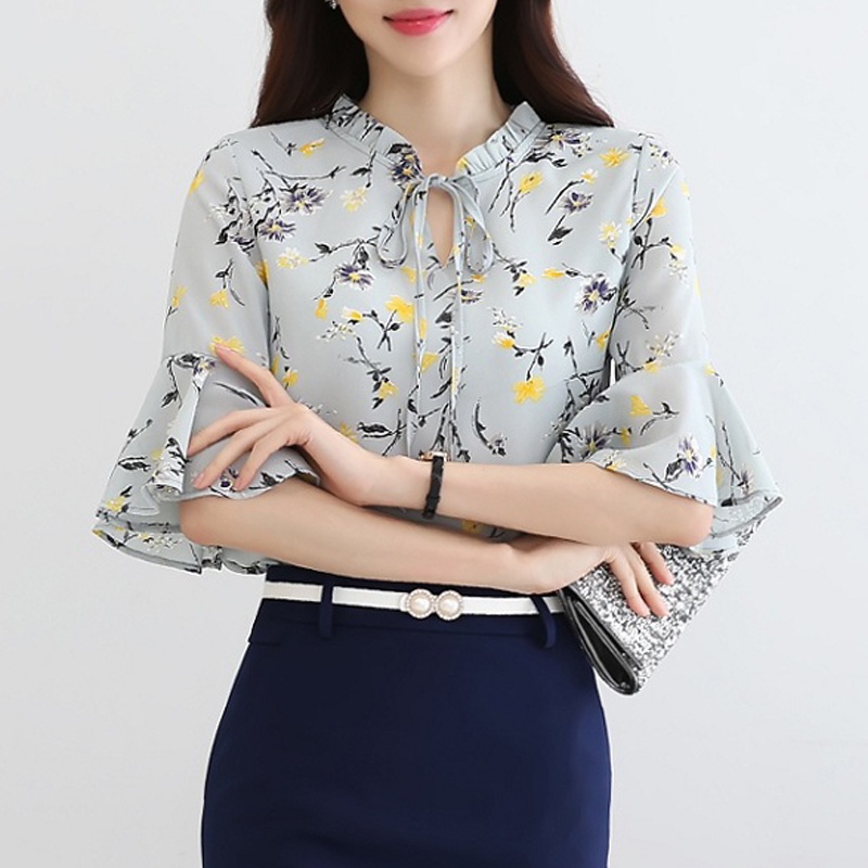 Floral Tops Blouses Women Long Sleeve Shirts Chiffon Blouse | Shopee ...