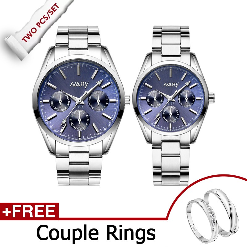 【Free Couple Rings】2Pcs/set NARY Couple Watches Stainless Steel Strap ...