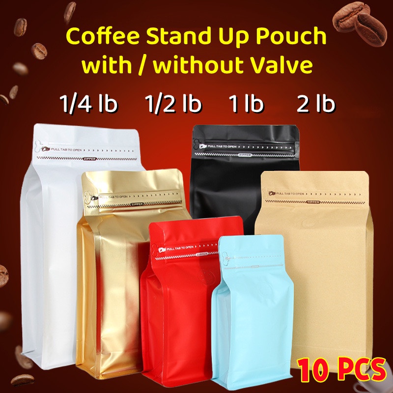 10Pcs Coffee Stand Up Pouch with Valve and Gusset Type Flat Bottom ...