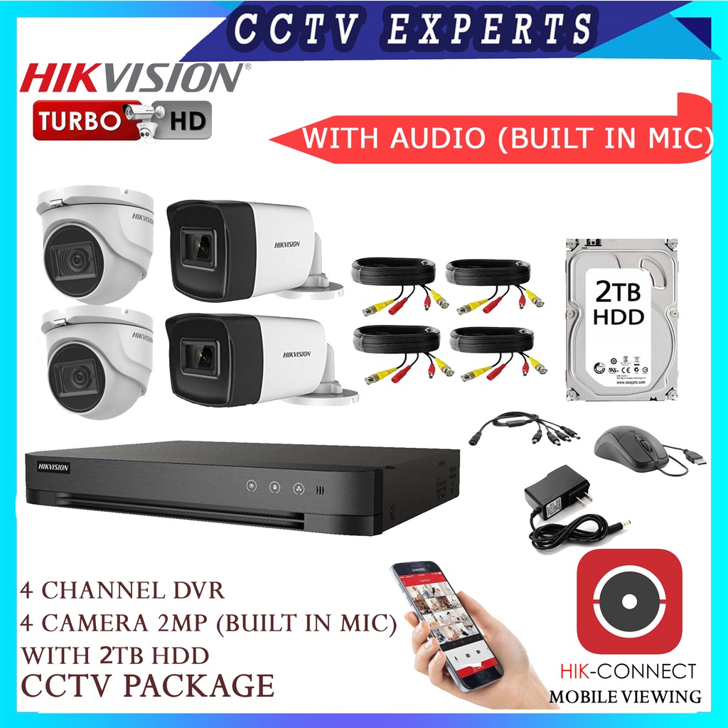 Hikvision 4 Channel DVR 4 Cameras 2MP w/ Built in mic CCTV PACKAGE with Audio . WITH/WITHOUT HDD ...