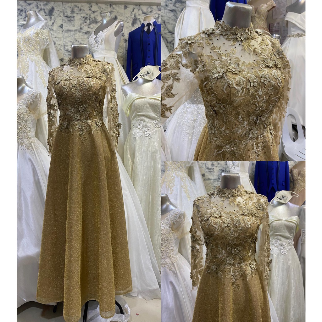 Turtle neck fully lace top mocca gold long gown | Shopee Philippines