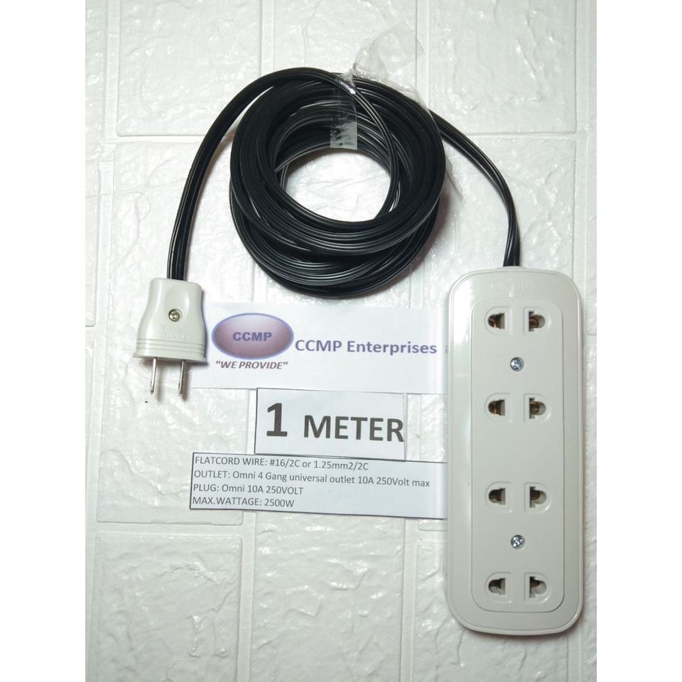1 meter Heavy Duty Extension Cord wire (4)Four Gang flat cord #16 black ...