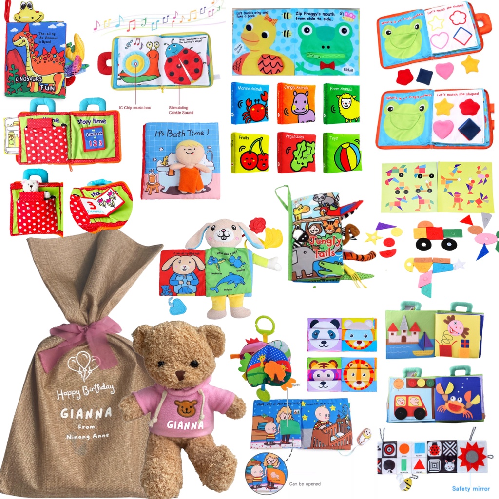 Personalized: Soft Busy Book & Teddy Bear in Gift Bag Birthday ...