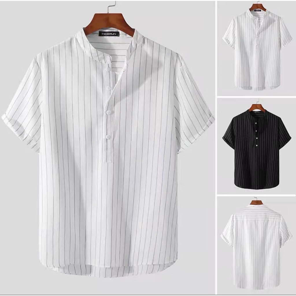 Chinese Collar Polo for Men Short Sleeve Stripes Cotton Size S to XL 4 ...