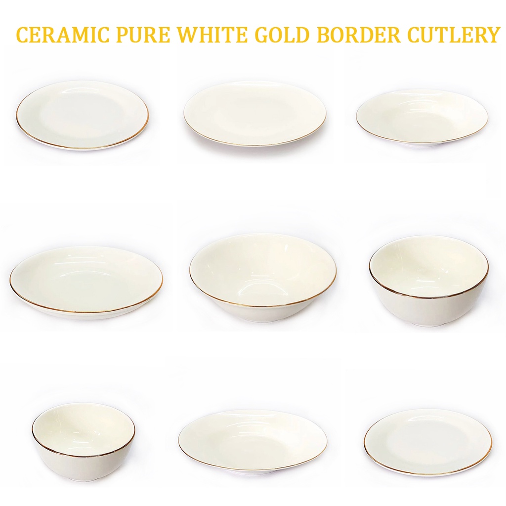 Ceramic dinner plate, Korean style pure white gold edge tableware ...