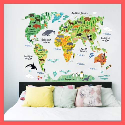 WALL STICKER WALLPAPER KIDS ROOM DECORATION WORLD MAP ANIMAL ...