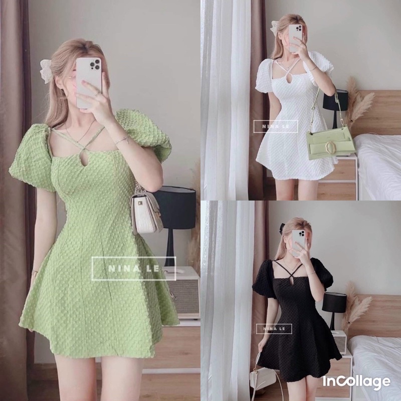 Sponge dress with cross collar and puffed sleeves (READY to wear ...