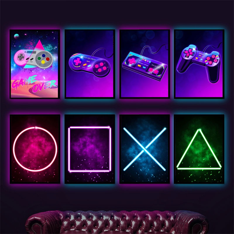 Retro Game Neon Poster Gamepad Canvas Painting Wall Art for Living Room ...