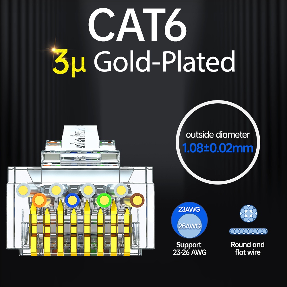 AMPCOM CAT6 Pass Through 8P8C STP RJ45 Connectors, Shielded 3/50μ Gold ...