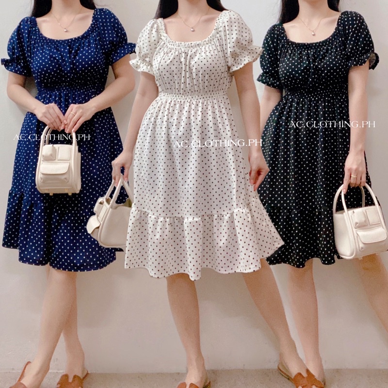 SCARLET POLKADOTS PUFF RUFFLED SHORT SLEEVE DRESS | AC.CLOTHING.PH ...