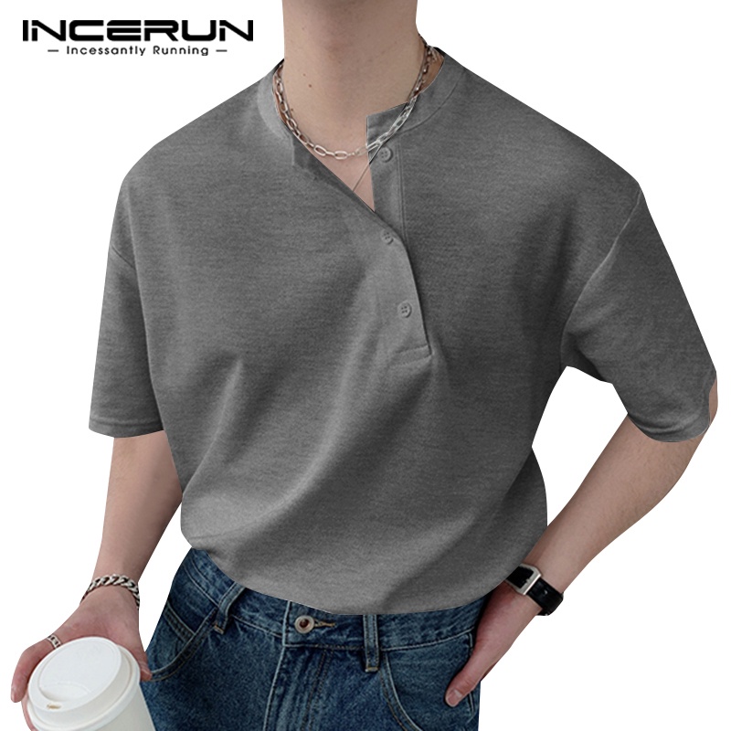 INCERUN Men Irregular Style Short Sleeve Button Up Pure Color Casual T ...