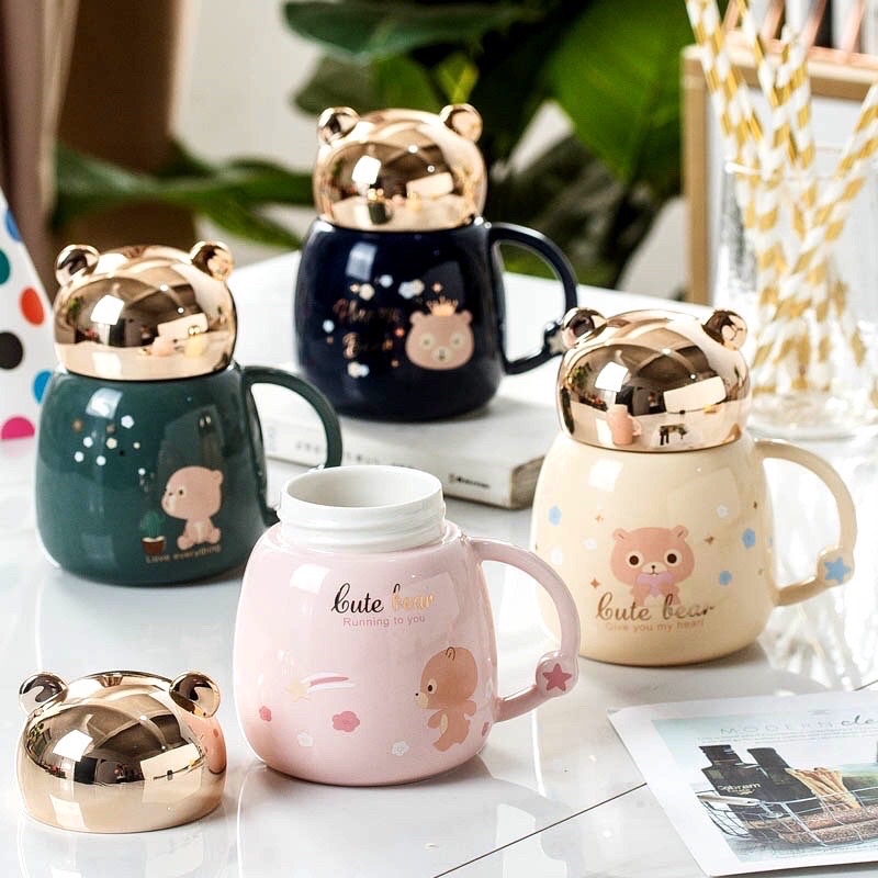 Thermal ceramic cup with bear lid and handle 380ml | Shopee Philippines
