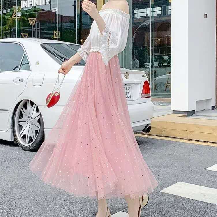 New shiny mesh skirt women's high waist long skirt fashion all-match A ...