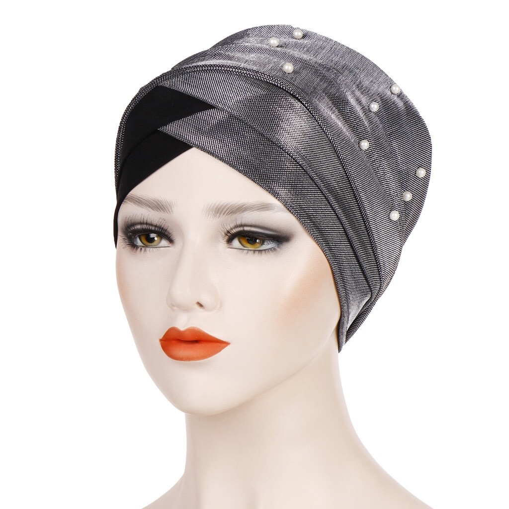 Fashion Indian Hats Forehead Cross Stretch Beaded Inner Hijabs Female ...