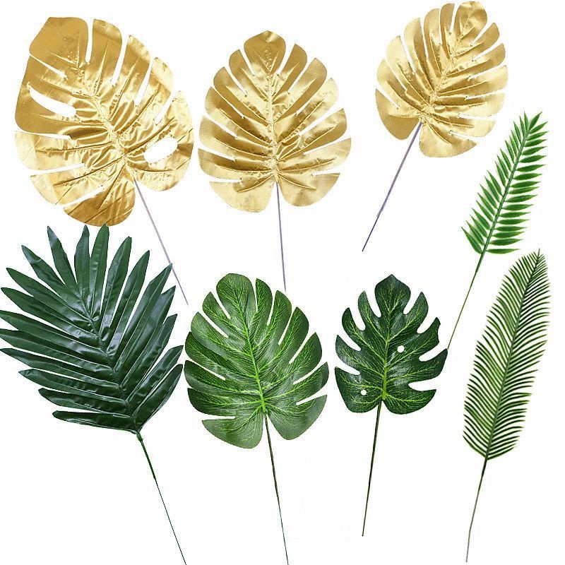 Green/Gold artificial tropical palm tree monsters leaves for wedding ...