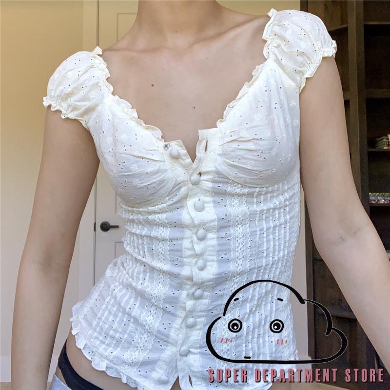 Women Fashion T shirt Puff Short Sleeve V-Neck Blouses Crop Tops Y2k ...