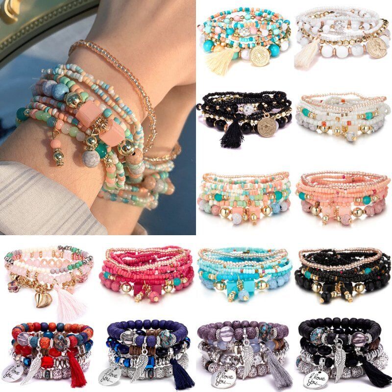 6Pcs/Set Bohemian Bracelets Women Tassel Multilayer Beads Bangle Unisex ...