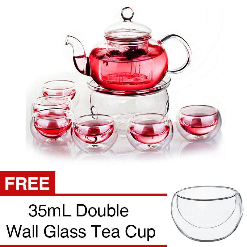 Borosilicate Glass Tea Pot Set Infuser Teapot Warmer 6Double Wall Tea ...