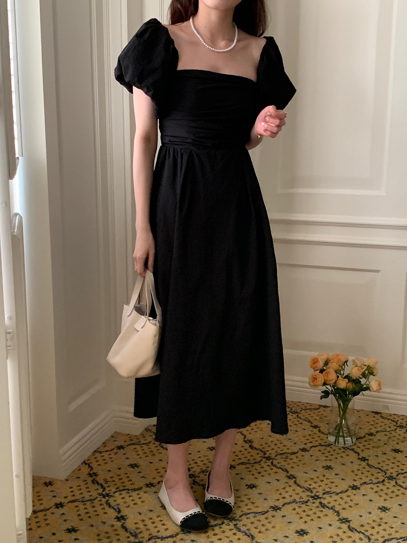 52593 French One-Shoulder Tube Top Pleated Puff Sleeve Dress | Shopee ...