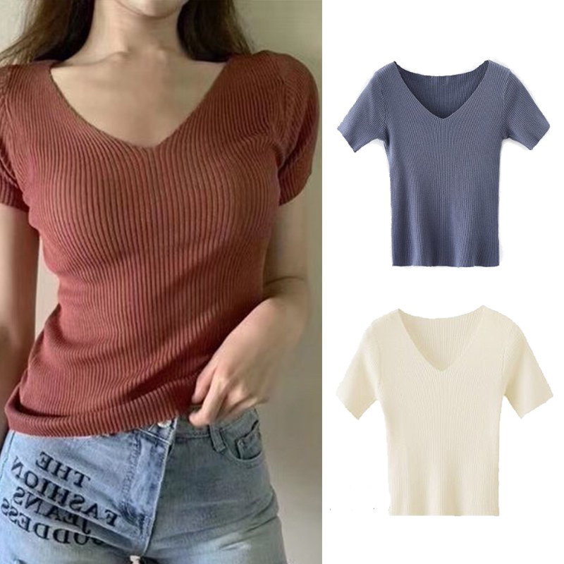 8 Colors T Shirt Short Sleeve Knitted V Neck Tops Korean Tee Casual
