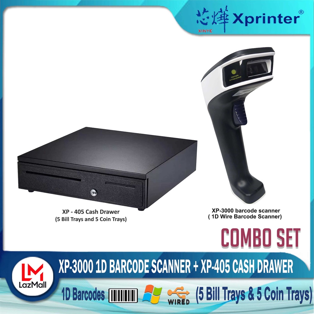 Xprinter XP-3000 Wired 1D Barcode Scanner + XP- 405 Cash Drawer for POS ...