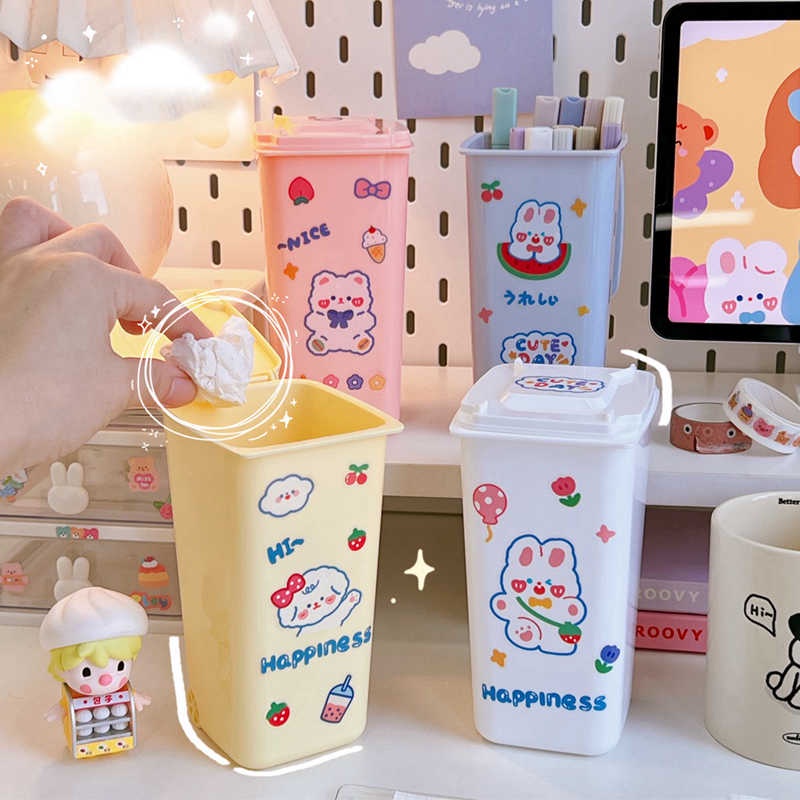 Mini Desktop Trash Can Office Flip Paper Baskets Bucket Living Room ...