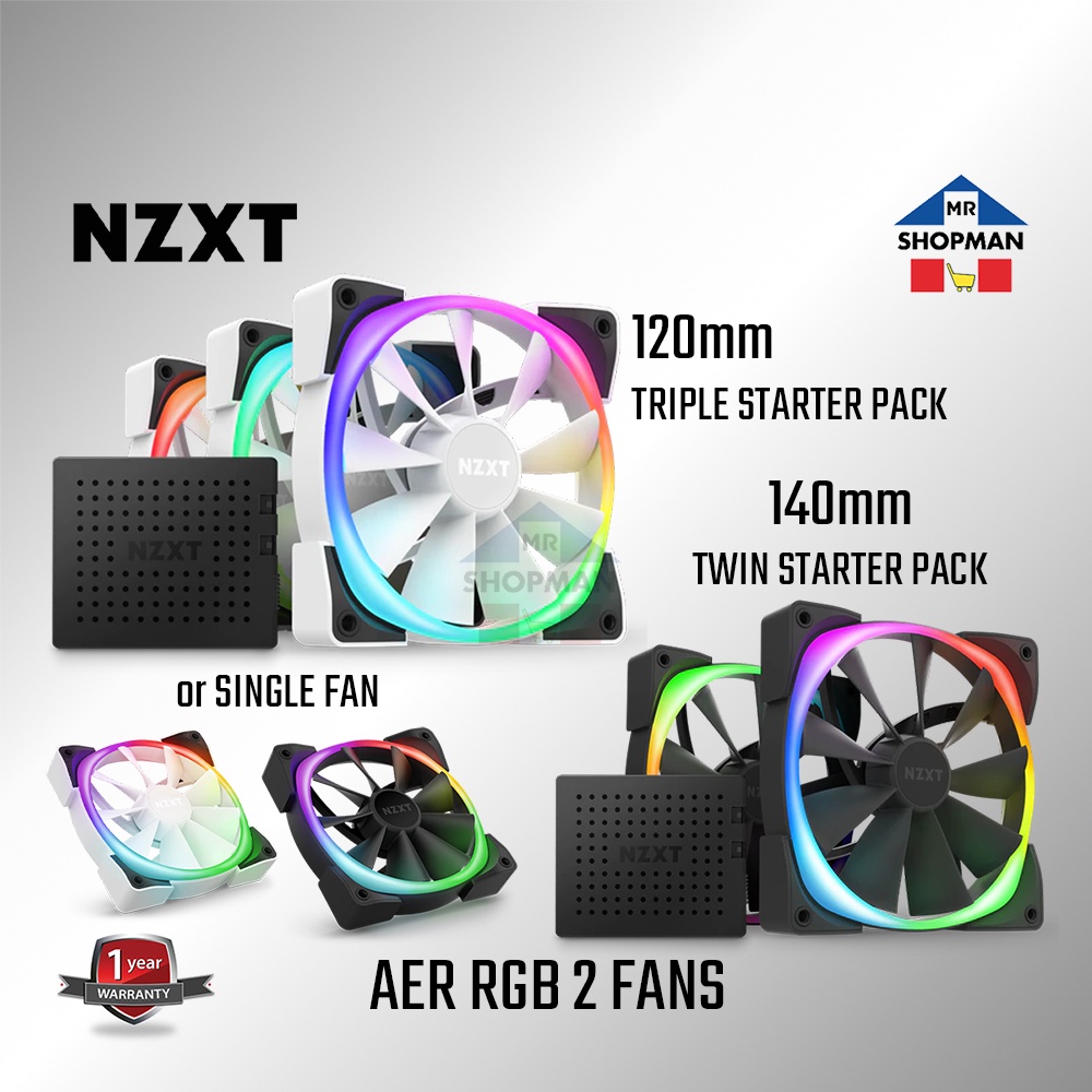 NZXT AER 2 RGB Fan 120mm 140mm Black White Single / Twin / Triple Pack ...