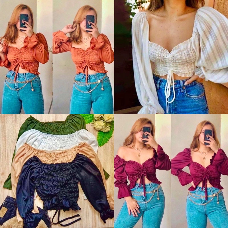 【lgoh.ph】Boho Tie Top Smocked Off Shoulder Long sleeves V/ string ...