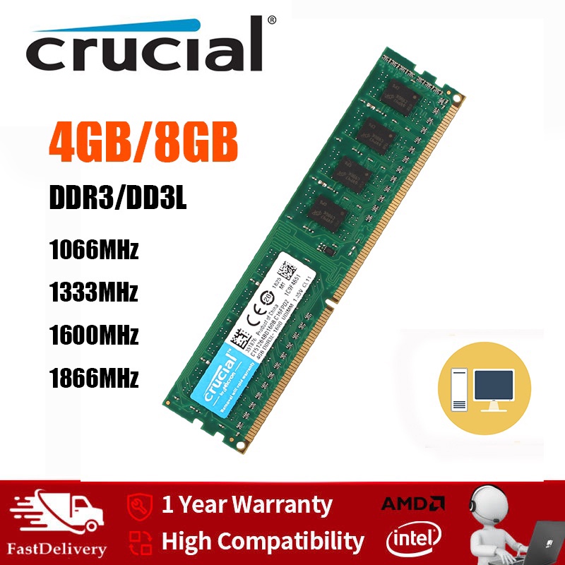 Crucial 4GB 8GB DDR3 DIMM Desktop RAM 1.35V 1.5V 240pin 1066 1333 1600 1866Mhz Memory Port RAM ...