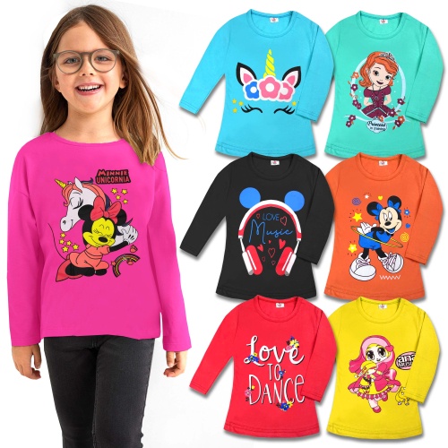 Girls LONG SLEEVE CARTOON Shirt - Random Colors and Designs (1Y-12Y ...