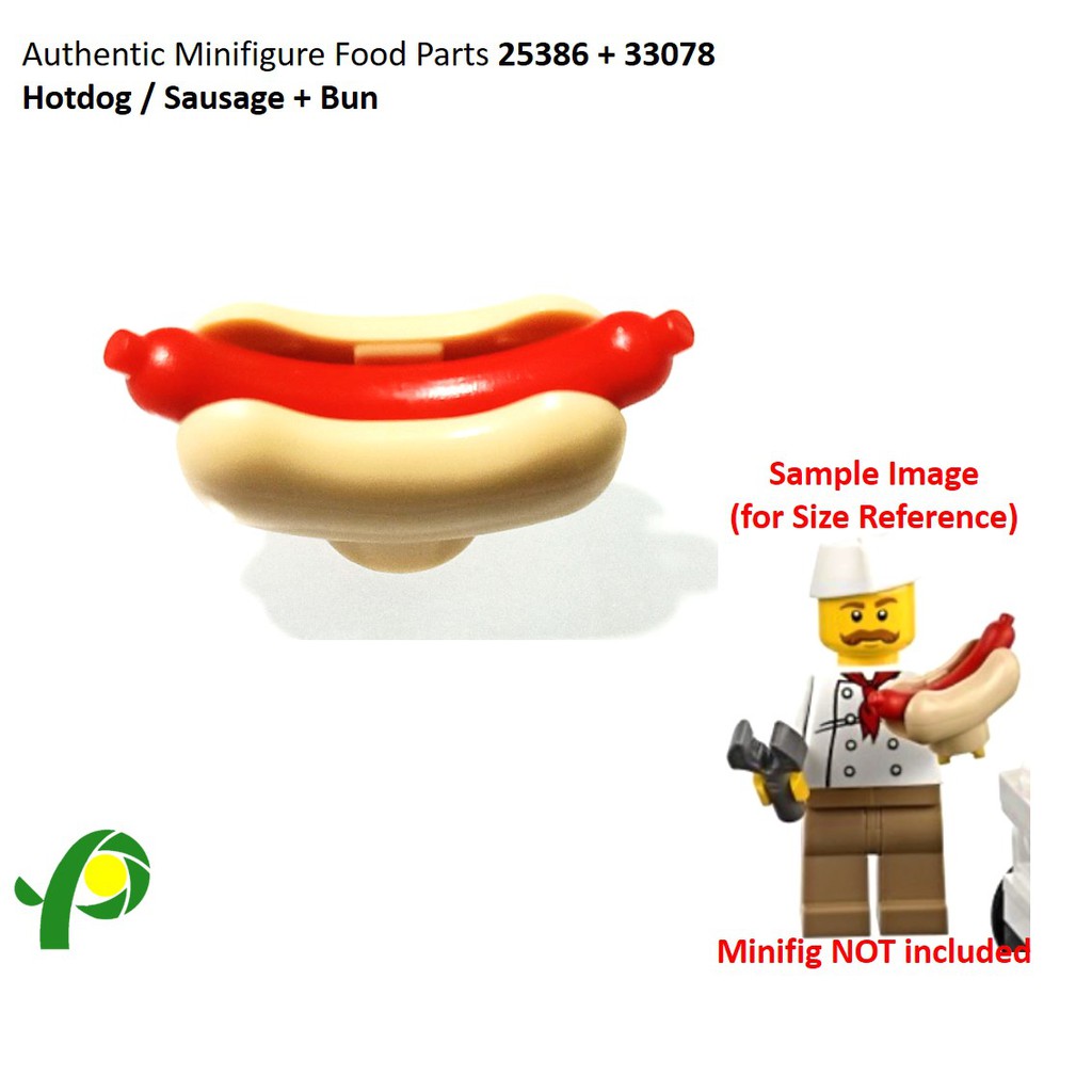 LEGO Minifigure Food Parts 25386 + 33078 Hotdog / Sausage + Bun Sold as ...