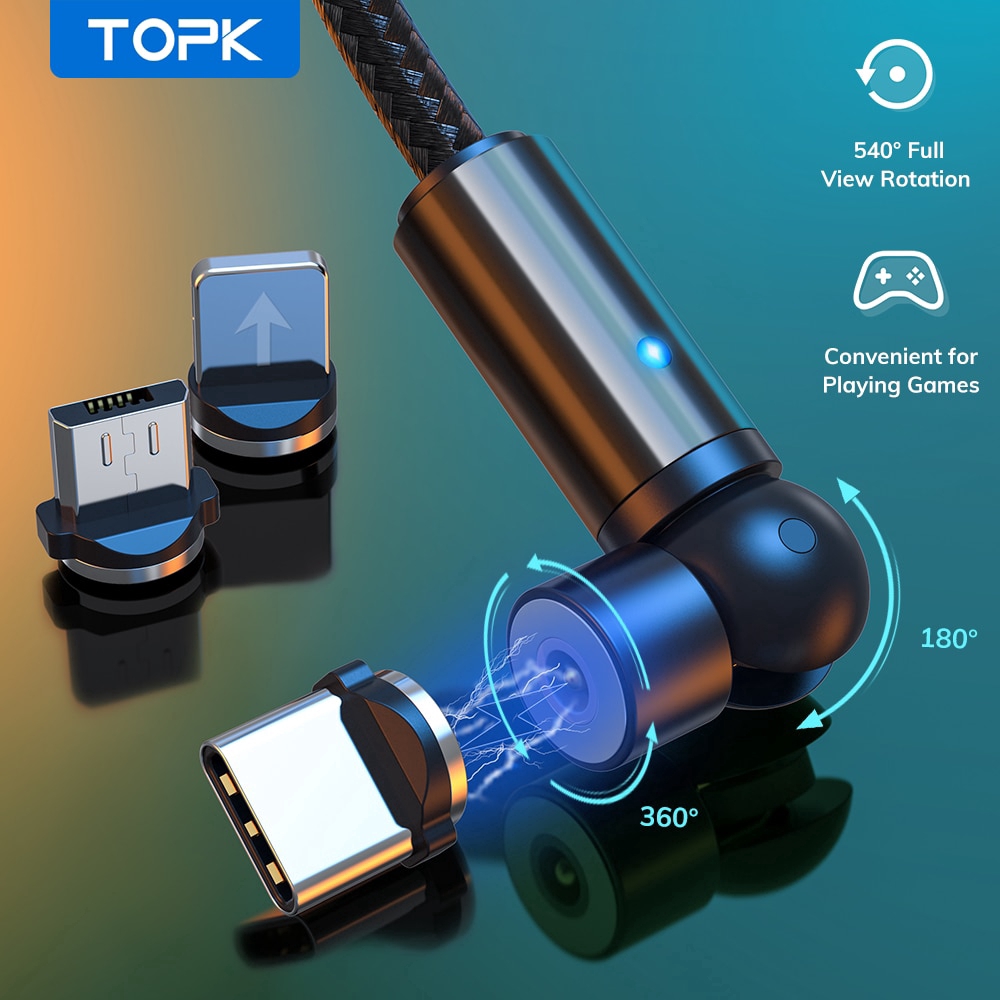 TOPK 360°& 180°Free Rotation Magnetic Cable Micro USB Type C Cable ...
